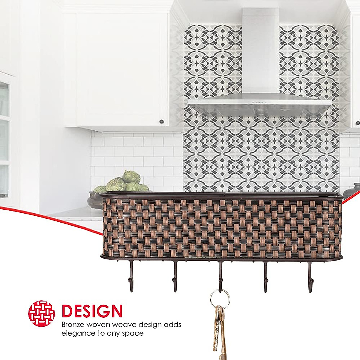 Home Basics Wall Mount Mail Letter Organizer Basket Shelf and 5 Key Hook/Holder in Brown Weave