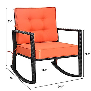 Tangkula Wicker Rocking Chair, Outdoor Glider Rattan Rocker Chair with Heavy-Duty Steel Frame, Patio Wicker Furniture Seat with 5” Thick Cushion for Garden, Porch, Backyard, Poolside (1, Orange)