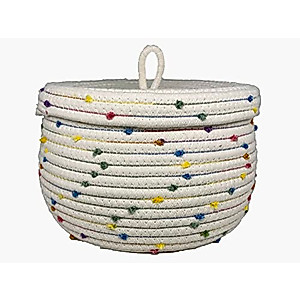 S Size White Cotton Basket with Colorful Decoration Mini Woven Basket wtih Lid Cute Toy Storage Basket Towel Storage Little Organizer Woven Basket Living Room Small Woven Basket for Storage