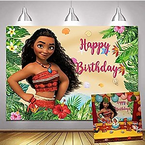 Cartoon Moana Birthday Backdrop Maui Summer Beach Princess Girls Birthday Photo Background Baby Shower Party Supplies Cake Table Decoration (7x5ft)