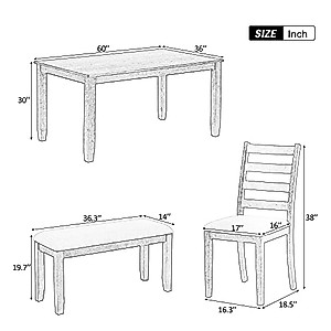 Rustic Style 6-Piece Dining Room Table Set, Wooden Dining Table Set with 4 Upholstered Chairs & a Bench, Kitchen Furniture Set for Family (Brown+Whitewash+6R)