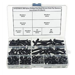 HVAZI Metric M6 Nylon Phillips Pan Head Screws Nuts Flat Washers Assortment Kit (Black)