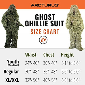 Arcturus Ghost Ghillie Suit: Woodland Camo | Double-Stitched Design with Adjustable Hood and Waist | Camo Hunting Clothes for Men, Military, Sniper, Airsoft and Hunting (Woodland, Regular)