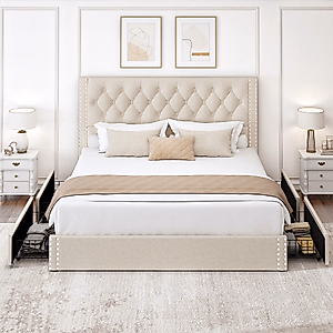 LARMACE King Size Platform Bed Frame with 4 Storage Drawers and Headboard Linen Upholstered Bed Frame Tufted Beds with Wood Slats Support, Easy Assembly, Noise-Free, Beige