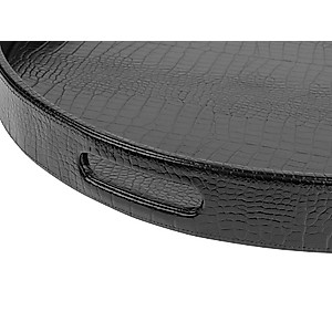 HofferRuffer Extra Large Round Serving Tray, Elegant Faux Leather Circle Ottoman Table Tray with Handles, Serve Tea, Coffee or Breakfast in Bed, Diameter 23.6 x 2.4 inches Height (Black)