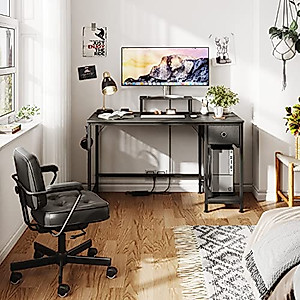 VERMESS Computer Desk with Drawer and Monitor Stand,47 Inch Study Writing Desks for Home Office,Industrial Simple Style Wood Table for PC Laptop Notebook,Black