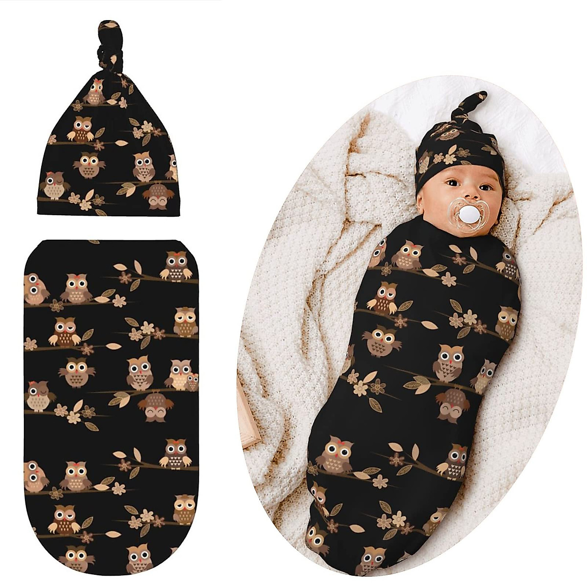 Qwalnely Swaddling Blanket for Baby, Sleeping Sacks, Unisex Baby Stuff with Hat, Black, Owl