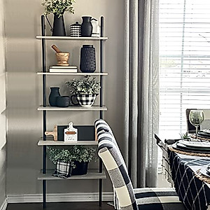 Bestier 70" Industrial Wall-Mounted Ladder Shelf 5 Tier Bookshelf with Storage Organizer Plant Flower Display Stand Round Tube Bookcase Rack with 2 Hooks for Home Office, Gray