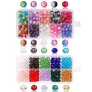 QUEFE 400pcs 8mm Glass Beads for Jewelry Making Bracelets Including 200pcs Faceted Crystal Glass Beads and 200pcs Crackle Lampwork Glass Round Beads Assorted Colors(2 Box)
