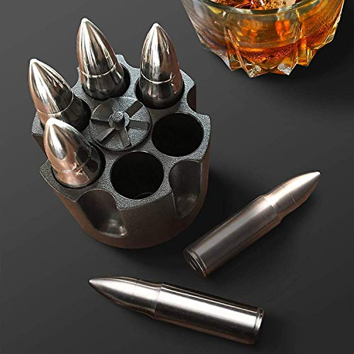 Zwin Extra Large Silver Bullets Whiskey Stones Set for Drink, 6Pcs Whiskey Ice Cubes Bullets Stones with Base, Reusable Whiskey Stones Stainless Steel Whisky Gifts for Men Dad Boyfriend