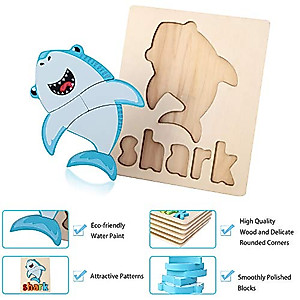 Wooden Toddlers Puzzles Kids Toys Gifts for 1 2 3 Year Old Boys Girls,6 Pack Animal Shape Jigsaw Puzzles Montessori Educational Toys with Alphabet Spelling Stem Travel Toy for Kids Ages 1-3