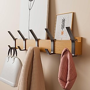 MOKIUER Coat Rack Wall Mount |17" Coat Rack with 5 Removable Double Hooks | Coat Hooks for Hat Key Backpack Towel,Wooden Wall Hook