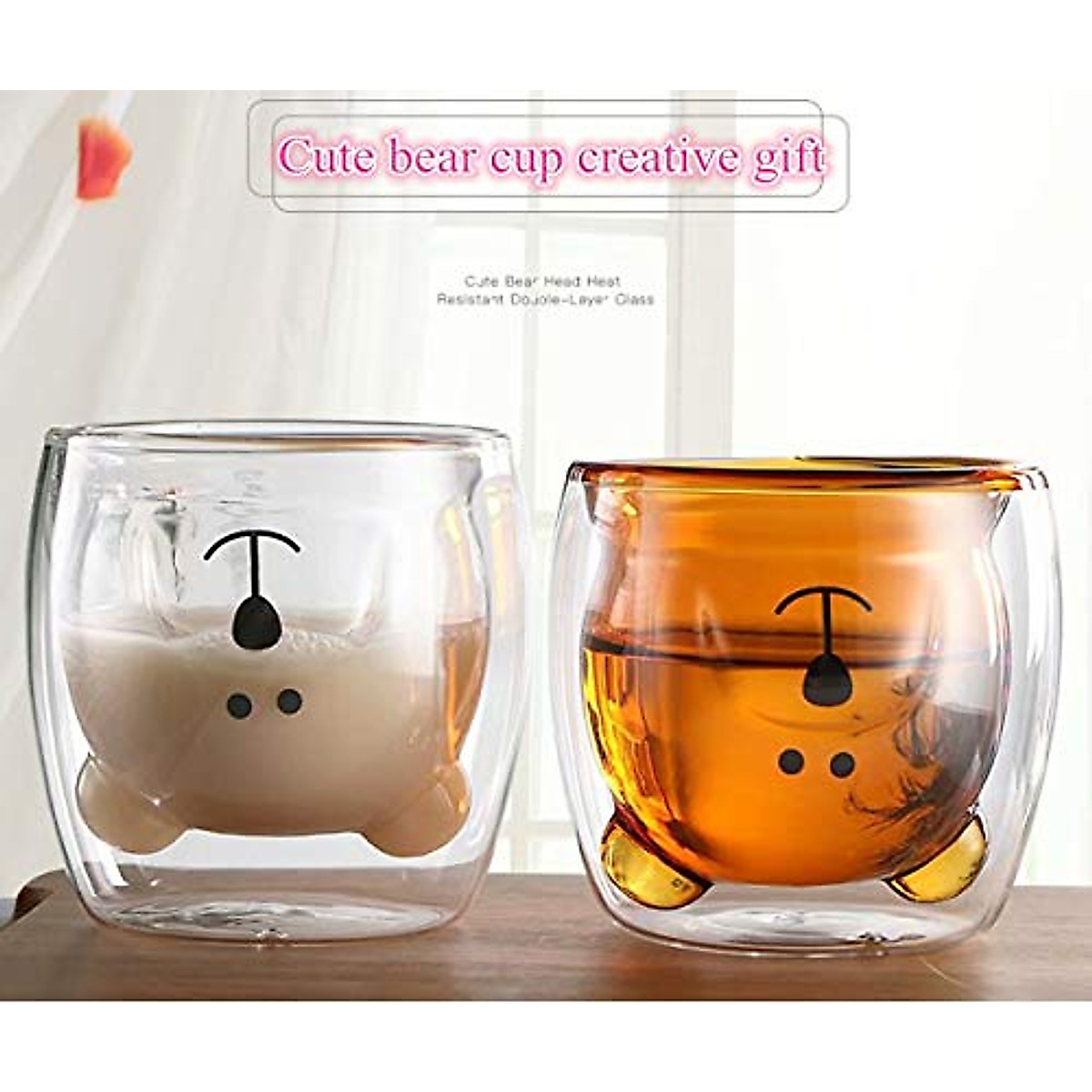 MUCHENGGIFT Cute Mugs Bear Tea Coffee Cup Milk Couple Double Wall Glass Mugs Funny Valentine's Day Birthday Gifts for You