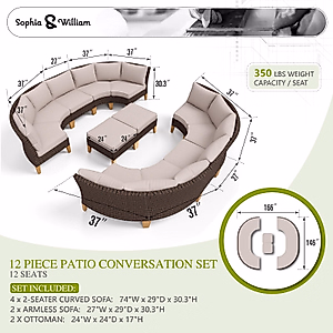 Sophia & William Oversized Half-Moon Outdoor Patio Furniture Set, 12 Piece Curved Outdoor Sectional Sofa Set Rattan Patio Conversation Set with 4 x Curved Sofa, 2X Armless Sofa, 2 x Ottoman, Beige