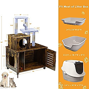 EasyCom Litter Box Enclosure, Hidden Cat Tree Tower Furniture for Indoor House, All-in-one Wooden Cat Litter Cabinet with Scratching Post and Condo, Rustic Brown