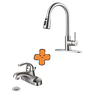 Kitchen Faucet with Sprayer Kitchen Sink Faucet Single Handle Brushed Nickel and Bathroom Faucet 1 Handle Low Arc WOWOW