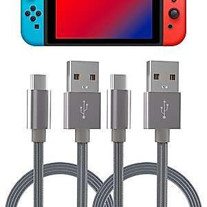 TALK WORKS Gaming Console Controller USB-C Charging Cable Compatible w/Nintendo Switch - 10 ft Extra-Long Nylon Braided Type C Game System Fast-Charger Cord, Slate (2 Pack)
