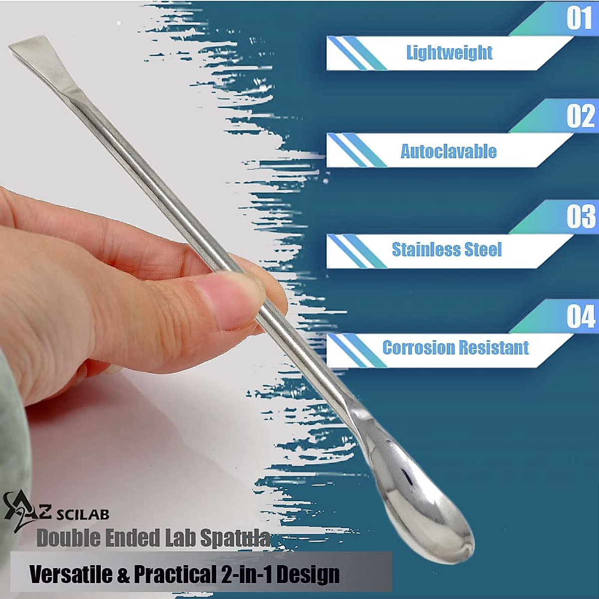 A2Z-SP001 Stainless Steel Double Ended Square & Angled Right Spoon Sampler Lab Spatula, 7" Length