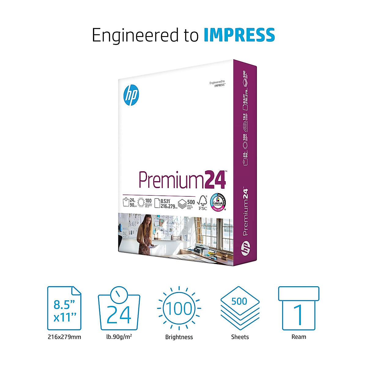 HP Printer Paper | 8.5 x 11 Paper | Premium 24 lb | 1 Ream - 500 Sheets | 100 Bright | Made in USA - FSC Certified | 112400R