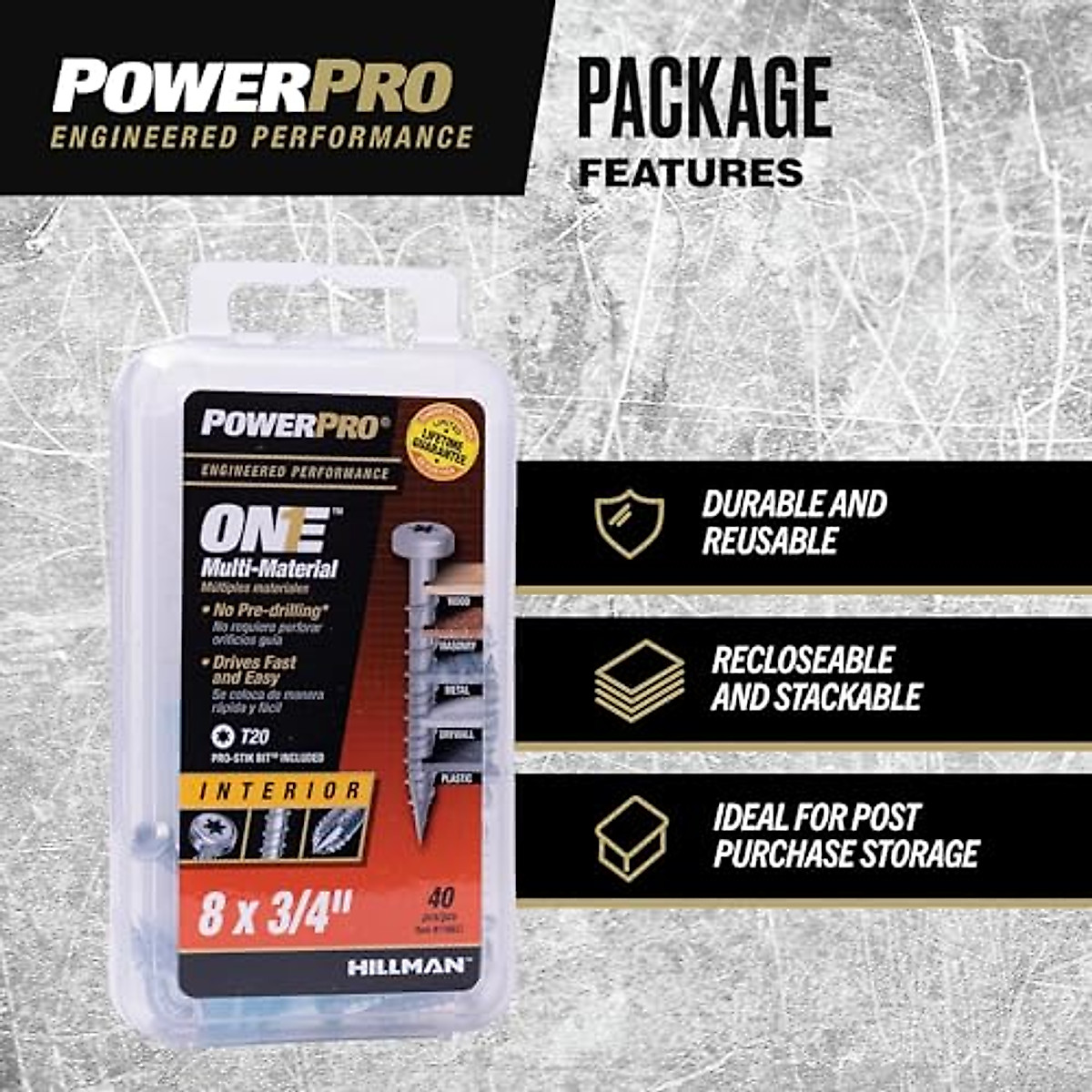 Power Pro Premium One Multi-Material Pan Head Screws, Zinc Plated Steel, Fasten in Wood, Metal, Concrete, Drywall and Plastic, Silver, #8 x ¾ inch, Box of 40 Screws