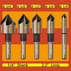 Countersink Drill Bit Set 5PCS 4241 HSS 82 Degree 5 Flute 1/4 Inch Round Shank Mill Cutter Bit Sizes 1/4 3/8 1/2 5/8 3/4 Drill Bits