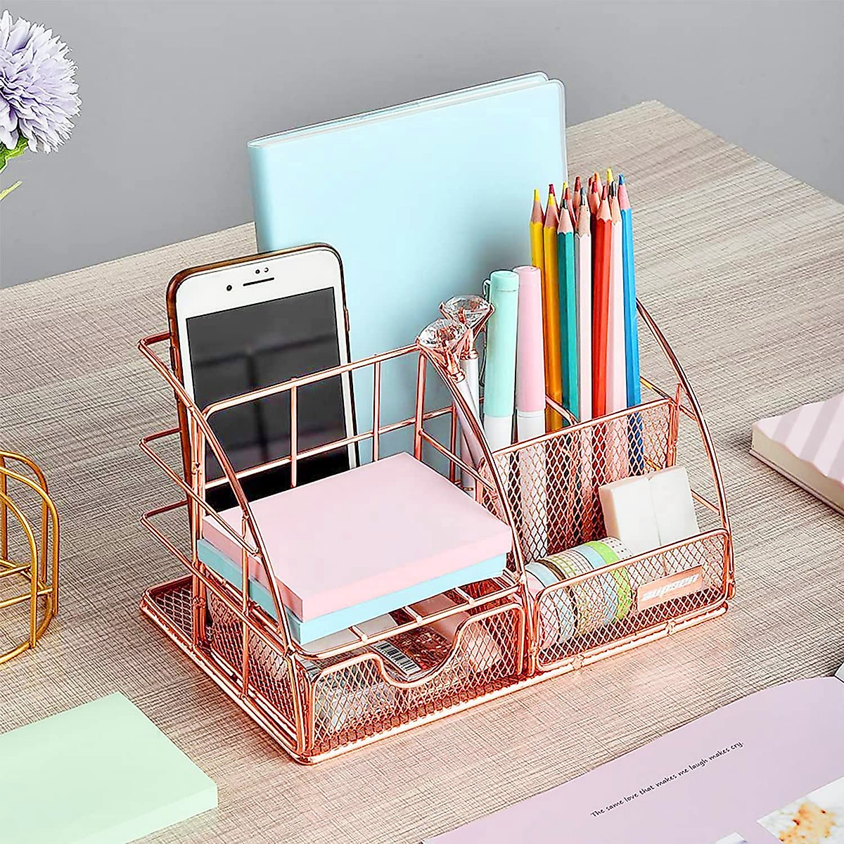 JUOPIEA Desk Organizers and Accessories Office Supplies 12PS Set with Acrylic Stapler, Staple Remover, Pen Holder, Clips, Scissor, Phone Holder, 1 Pen Ect