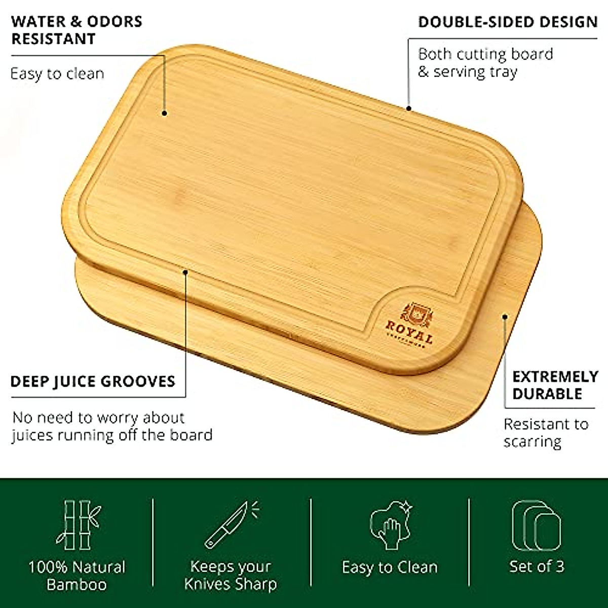 Wood Cutting Boards for Kitchen - Bamboo Cutting Board Set, Chopping Board Set - Wood Cutting Board Set - Wooden Cutting Board Set, Bamboo Cutting Boards for Kitchen (Natural)