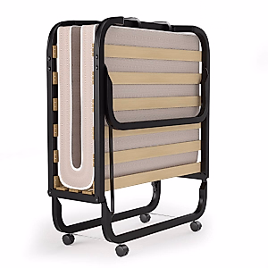 KOMFOTT Folding Bed with 4” Mattress, Foldable Rollaway Bed with Memory Foam Mattress for Adults, Portable Fold Up Guest Bed with Sturdy Steel Frame on Wheels, Made in Italy