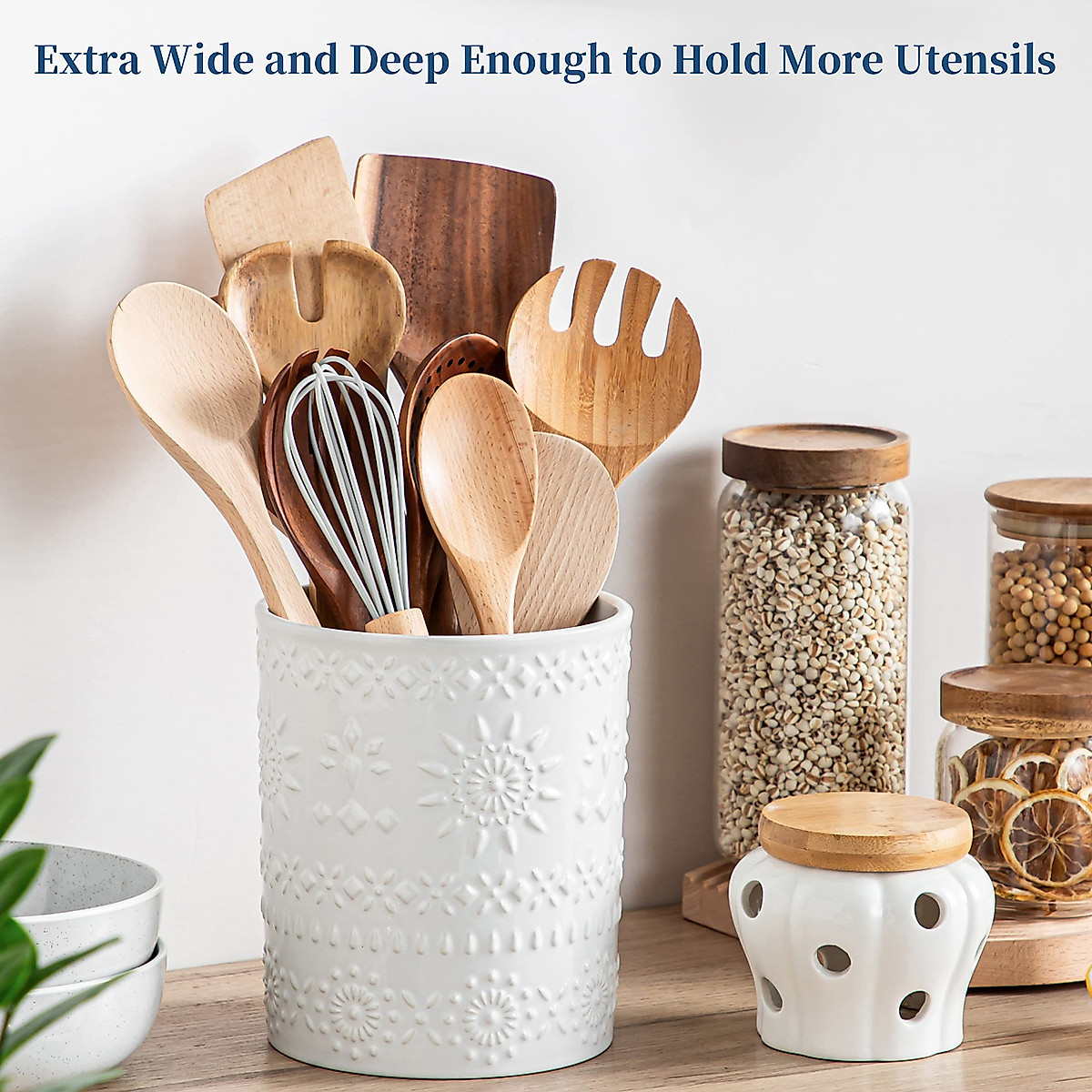 LOVECASA Extra Large Kitchen Utensil Holder, 7.4" Ceramic Utensil Holder For Kitchen Countertop With Heavy And Sturdy Base, Farmhouse Utensil Holder For Kitchen Décor, Utensil Crock Organizer, White