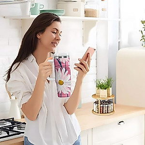 PaChyLuu 30 oz Insulated Tumbler with Handle and Straw Lid, Adorable Daisy Leak-Proof Stainless Steel Travel Coffee Mug for Car Cup Holder