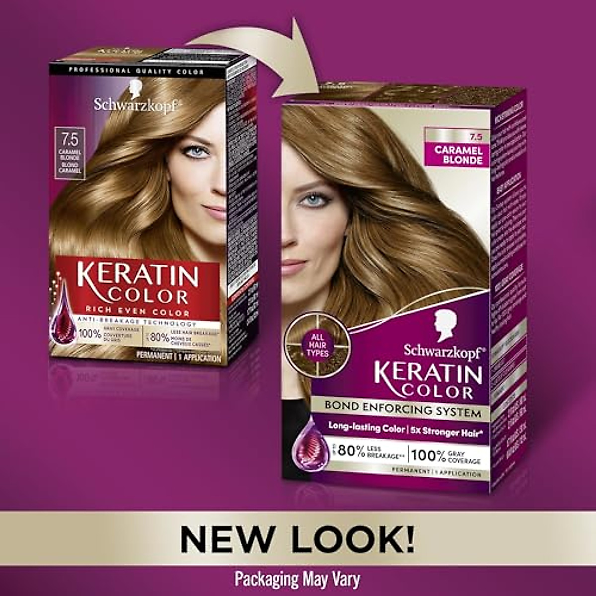 Schwarzkopf Keratin Color Permanent Hair Color, 7.5 Caramel Blonde, 1 Application Professionally Inspired Permanent Hair Dye for up to 80% Less Breakage vs Untreated Hair and up to 100% Gray Coverage