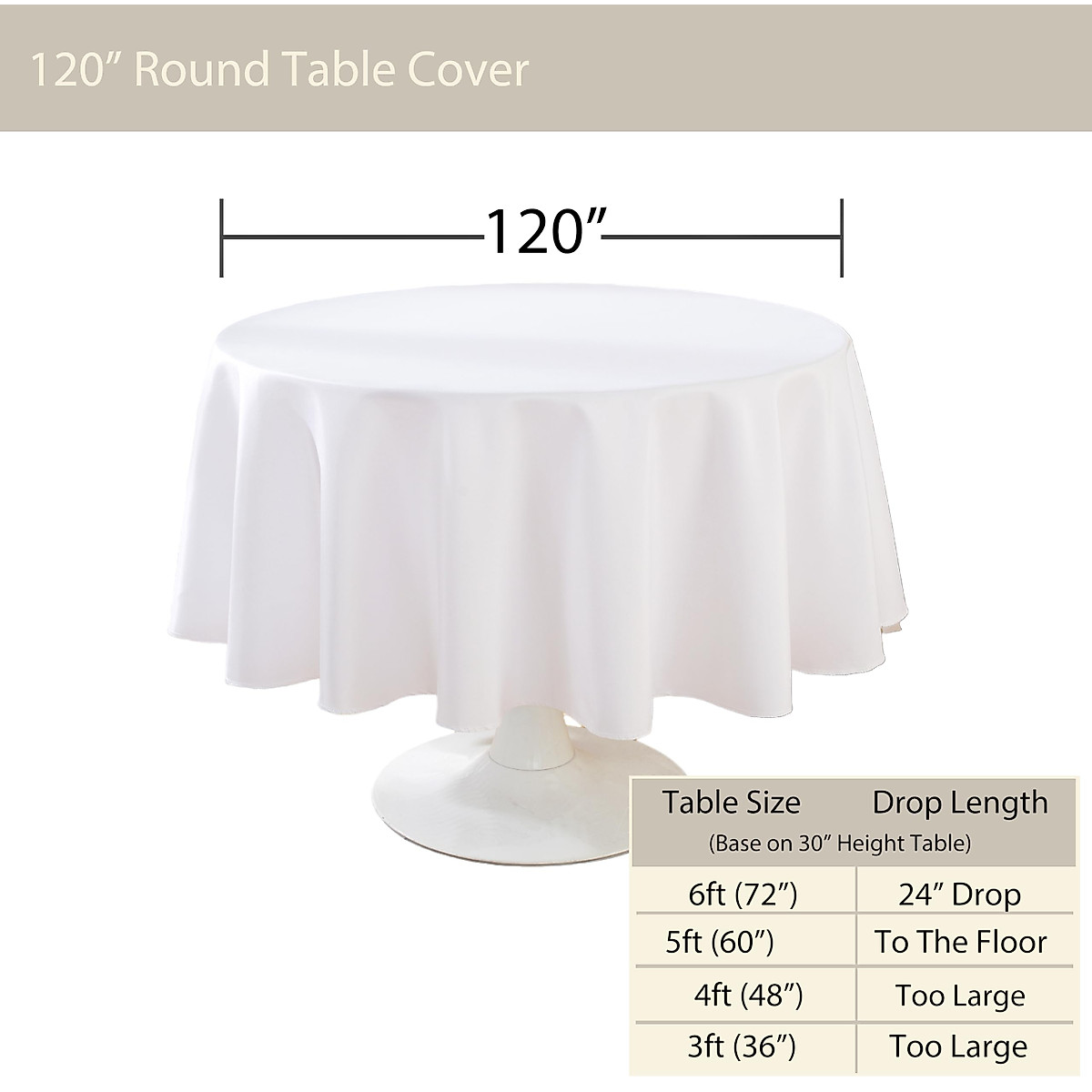 Craft And Party Round Tablecloth, 120 Inch White Tablecloth, Polyester Fabric Washable Table Cloth for Home, Party, Wedding or Restaurant Use.