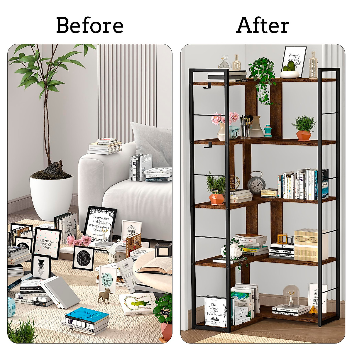 RKVPCNE 5 Tier L Shaped Bookshelf Wood Bookcase with 2 Hooks Modern Corner Bookshelf Library Industrial Shelving Book Case Adjustable Book Shelves for Bedroom Living Room Home Office Rustic Brown