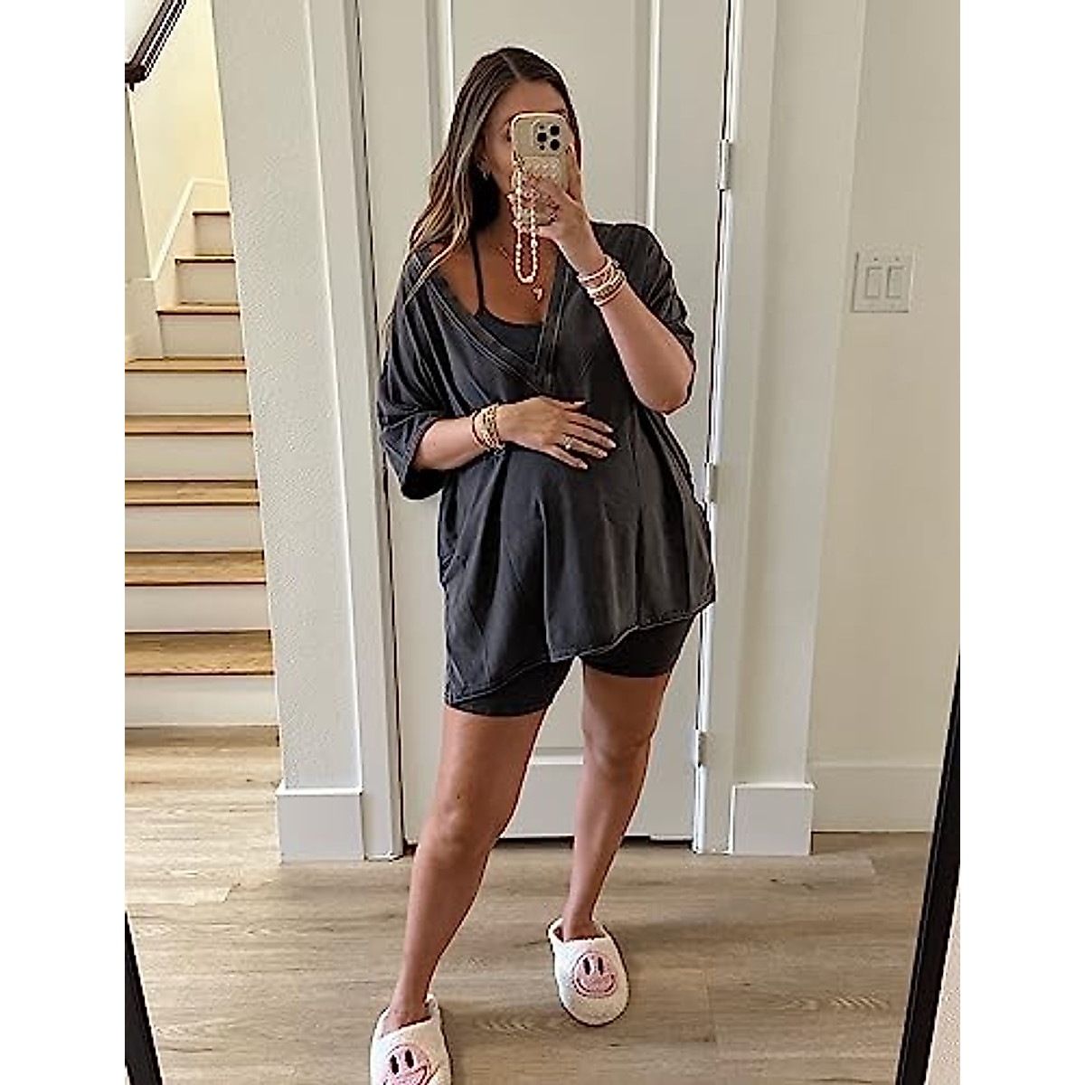 TIQOJE Womens Workout Set 2 Piece Outfits Oversized V Neck T Shirt Biker Shorts Reversible Set(-Darkgrey01-Medium)