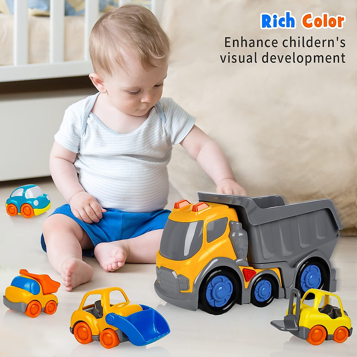 Car Toys for 2 3 4 5 Years Old Toddlers Boys and Girls,12‘’ Big Dump Truck with Light and Sound, Push and Go Small Bulldozer Forklift truck, Vehicles Playset for Christmas Birthday Gift