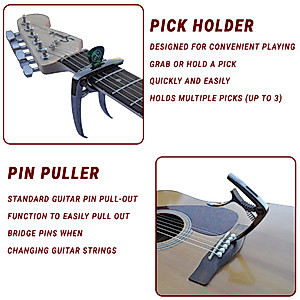 Speedee Music Capo Bundle Gift Pack - 4 Assorted Guitar Picks, Guitar Tuner, 3-1 Capo with Built-in Pick Stand and Pin Puller, Storage Bag for Guitar Accessories