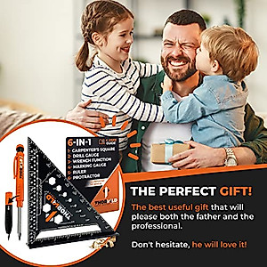 THORVALD 6-in-1 Carpenter Square 7 inch (1/16" Precision) T Square Multi-Purpose Carpenter Tools : Wrench, Square, Protractor, Ruler, Marking Gauge, Drill Gauge, Includes 2-in-1 Carpentry Pencil