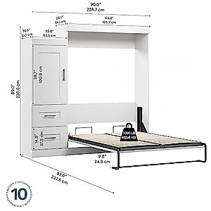 Bestar Edge Queen Murphy Bed and Wardrobe with Drawers in White, Space-Saving Wall Bed with Storage for Guest Room