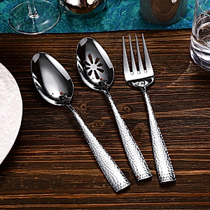 KEAWELL Premium Louis Hammered Serving Spoons, 18/10 Stainless Steel, Fine Spoon Set with Squared Edge, Dishwasher Safe, Silver Serving utensils (Hostess Serving Utensil Set)