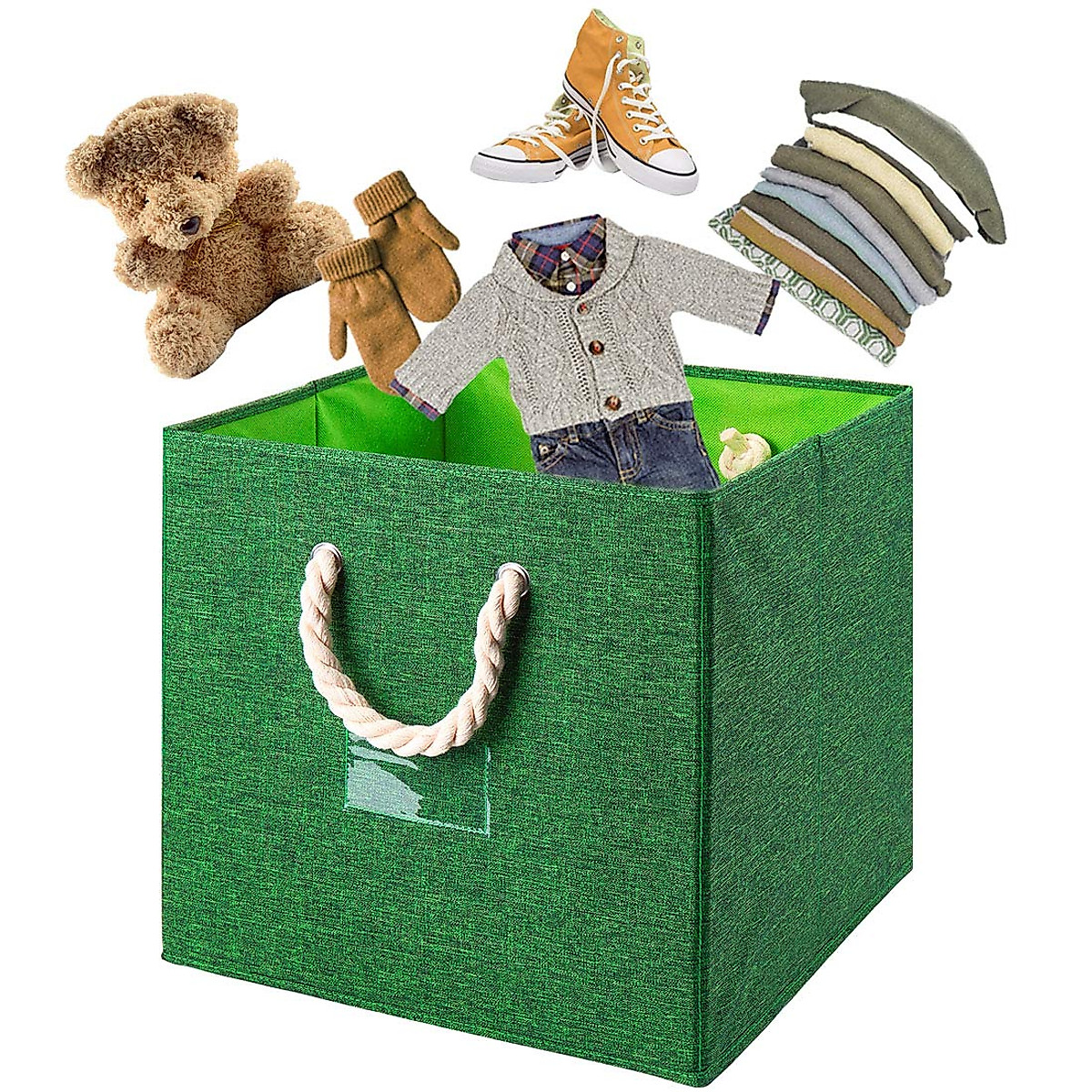 i BKGOO Foldable Storage Cube Bins,Green Linen Fabric Collapsible Resistant Basket Box Organizer with Cotton Rope Handle for Home Office and Nursery 13x13x13 inch