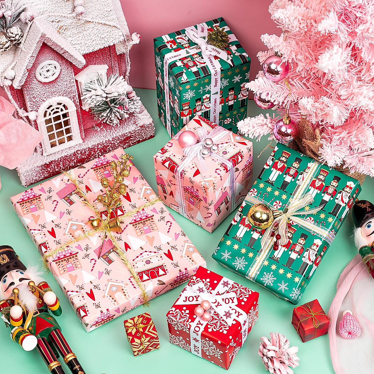 WRAPAHOLIC Christmas Wrapping Paper Roll - Mini Roll - 3 Rolls - 17 Inch X 120 Inch Per Roll - Nutcracker, House, Snowflake Holiday Collection