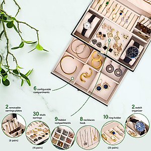 MOKOQI Mens Jewelry Box Organizer for Women Girls Men Watch Case for Necklaces Bracelets Earrings Rings Sunglasses Cufflink Large PU Leather Double Layer Jewellery Storage Holder