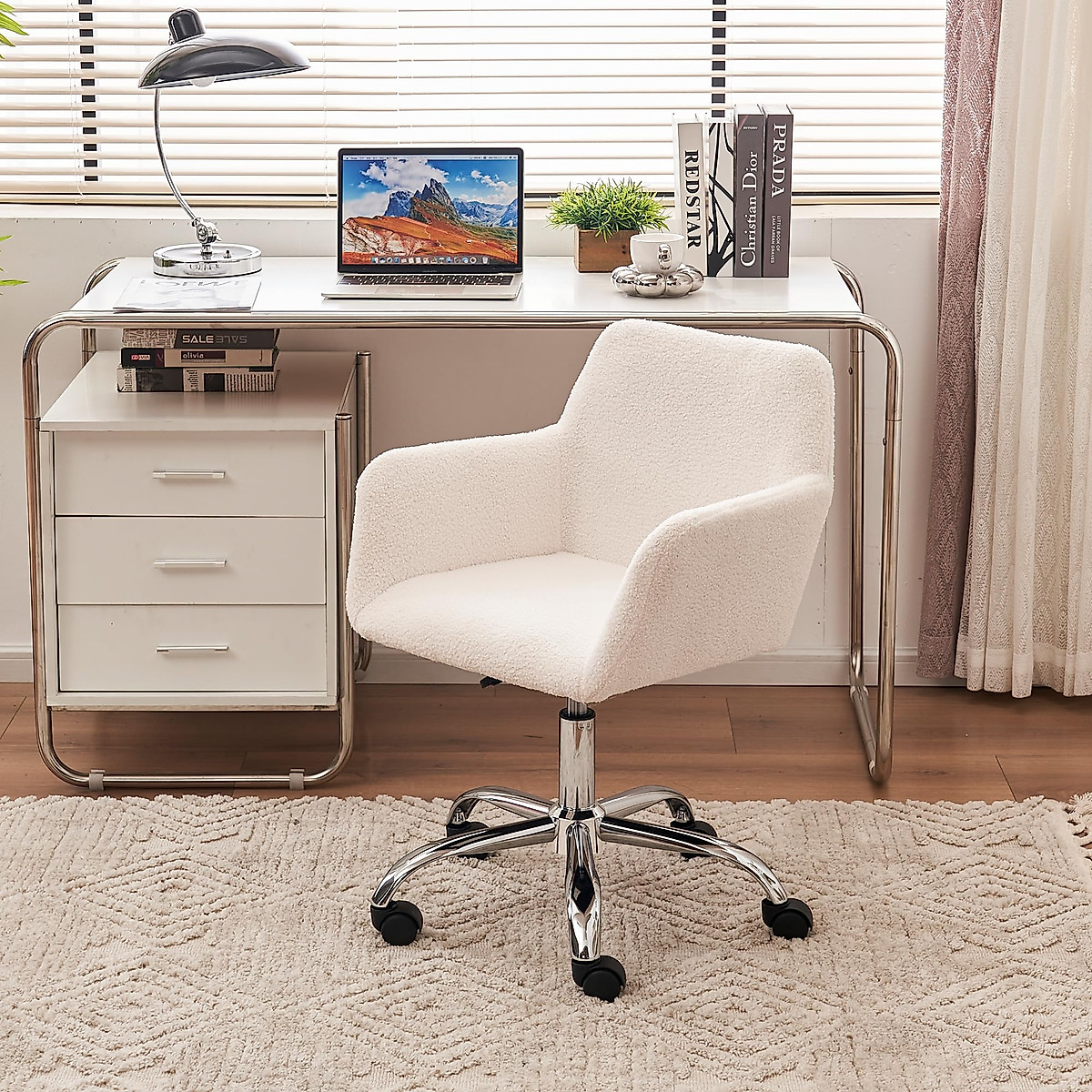 Modern Faux Fur Home Office Chair, Upholstered Faux Fur Makeup Vanity Chair, White Furry Cute Desk Chair with Wheels & Chrome Base, Ergonomic Adjustable Swivel Task Chair for Girls Women Bedroom Study