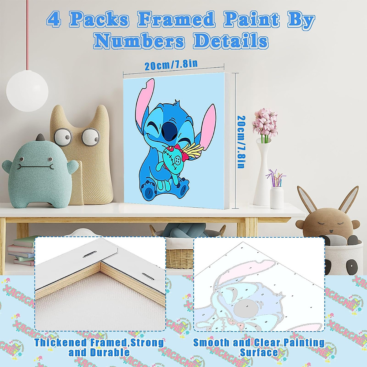 xackcme 4 Pack Cartoon Paint by Number for Kids with Wooden Frame-Cartoon Paint by Numbers for Kids Ages 4-8-12,Easy Paint with Numbers DIY Acrylic Oil Painting Kits for Home Wall Decor(8X8inch)