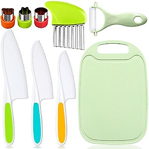 TAORISH 9 Pcs Kids Kitchen Knife Set, Kids Knives For Real Cooking With Cutting Board, Y Peeler, Crinkle Cutter, Sandwich Cutter, Serrated Edges Plastic Toddler Knife Kid Safe Knives