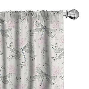 Ambesonne Dragonfly Window Curtains, Shabby Form Roses Worn Old Vintage Backdrop with Moth Bugs Print, Lightweight Decor 2-Panel Set with Rod Pocket, Pair of - 28" x 63", Pale Pink Pale Grey