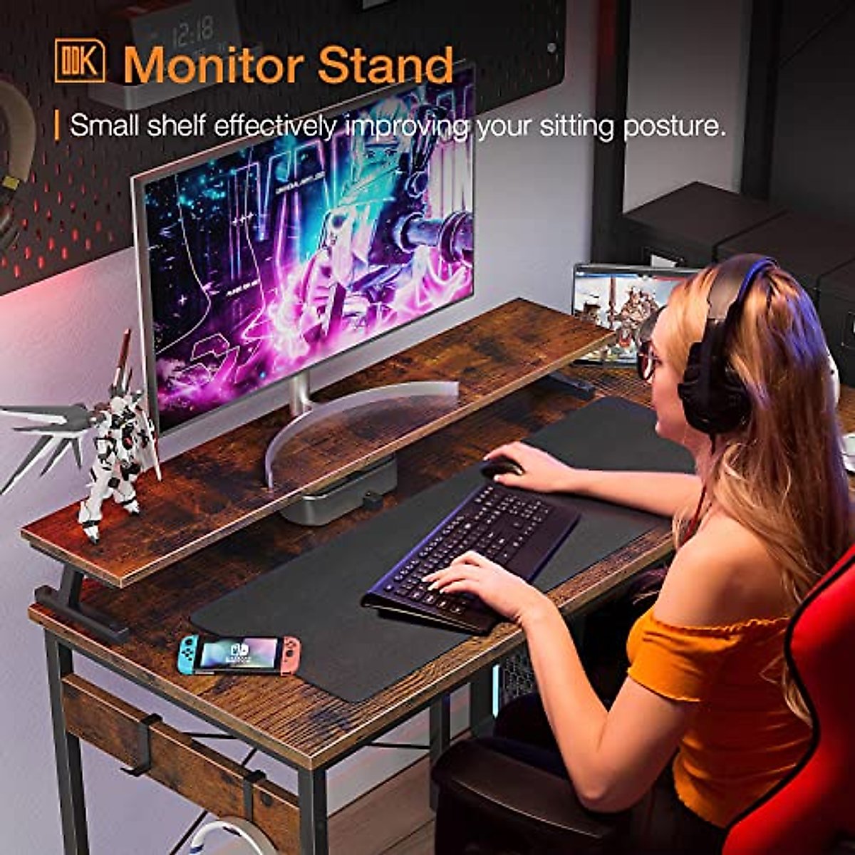 ODK Small L Shaped Desk, 66 inch Corner Desk with Reversible Storage Shelves, Computer Desk with Monitor Shelf and PC Stand for Home Office, Gaming Desk with Headphone Hooks, Rustic Brown