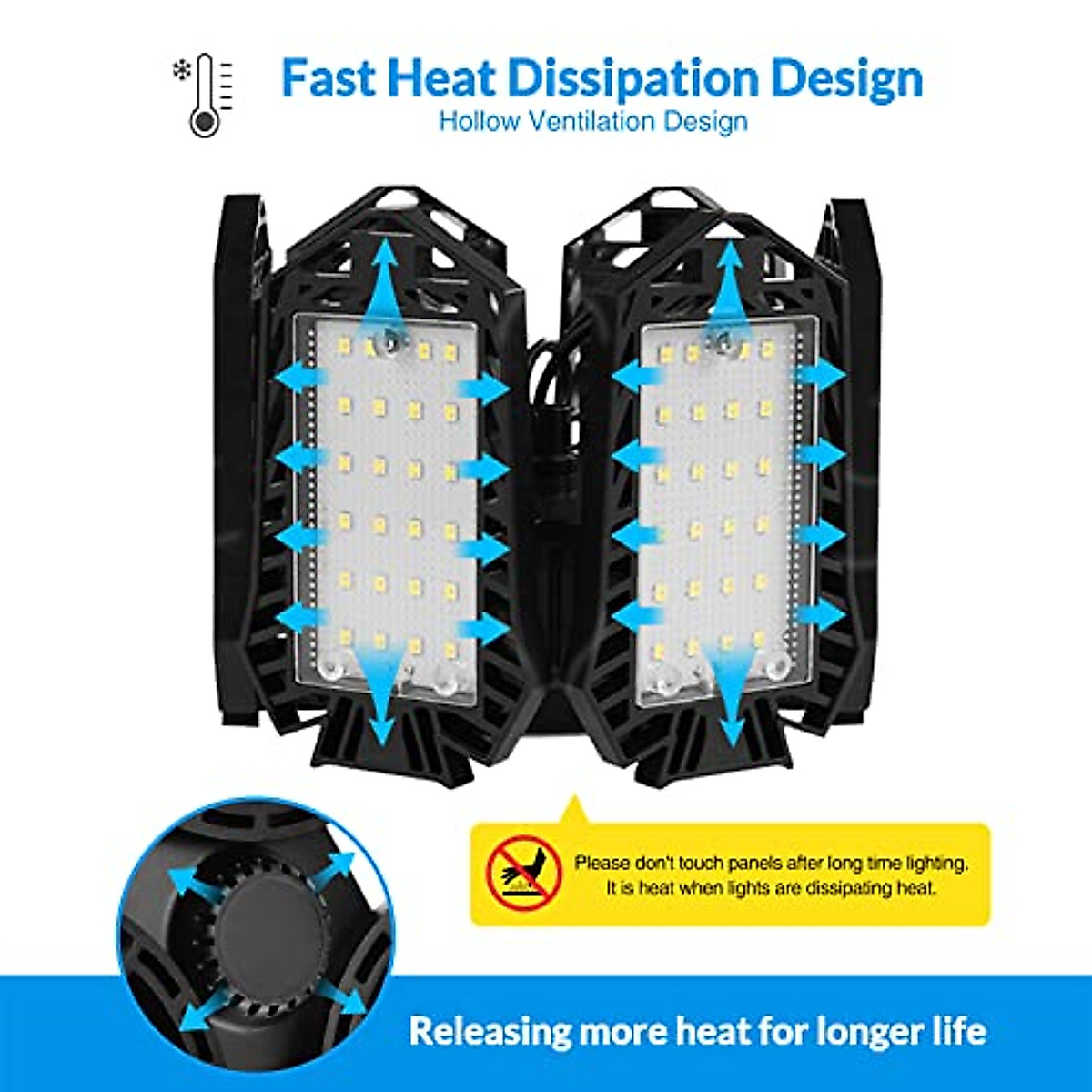 LED Garage Lights, 180W Linkable Shop Lights with Cord Plug in, 18000LM Super Bright Hanging Deformable Garage Ceiling Lighting 6500K Cold White with 6 +1 Adjustable Panel for Warehouse (180W 2PACK)