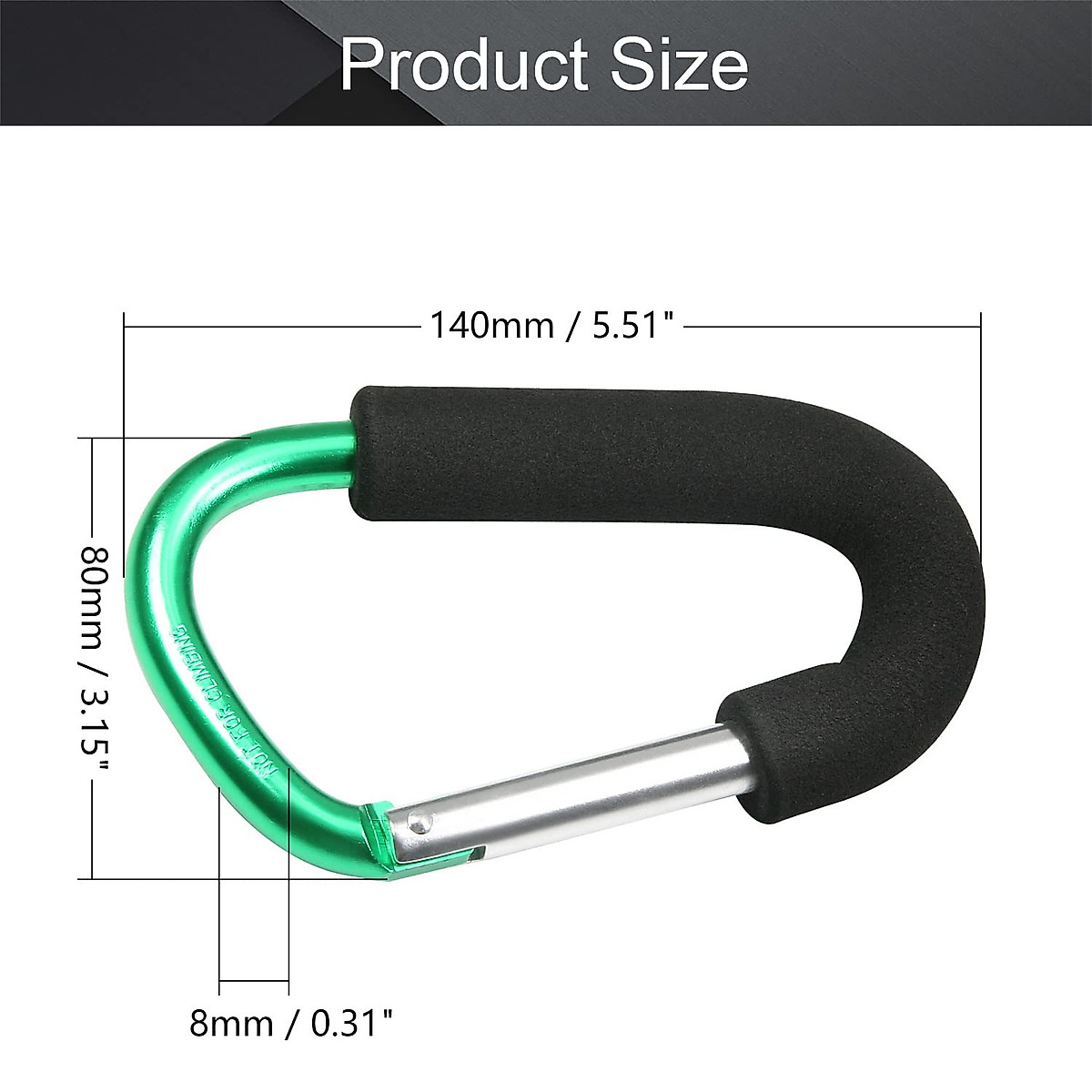 MroMax 1PC Stroller Hooks, 5.5inches Carabiner Clip, Green Easier Travel Hook, Dog Stroller Leash Hook, Soft Foam Grip, Purse Holder, Large Clips for Hanging Bags, Backpack, Diaper Organizer
