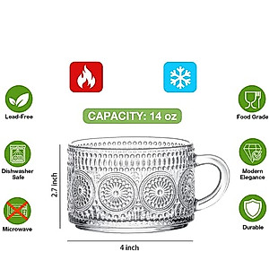 Mfacoy Vintage Coffee Mugs Set of 2, 14 oz Glass Coffee Tea Cups with Handle, Clear Embossed Glass Cups, Tea Cups, Glass Coffee Cups for Cappuccino, Latte, Cereal, Yogurt, Milk, Hot or Cold Beverages